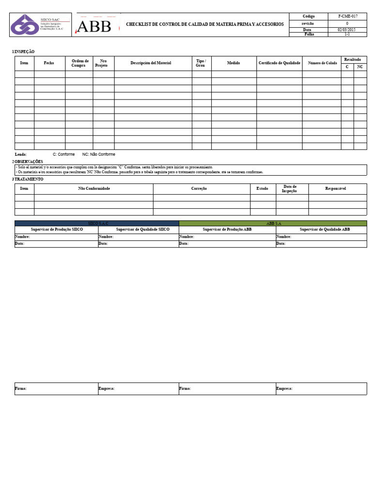 F-CME-017.CheckList Controle de Qualidade de Matéria-Prima e Acessórios ...