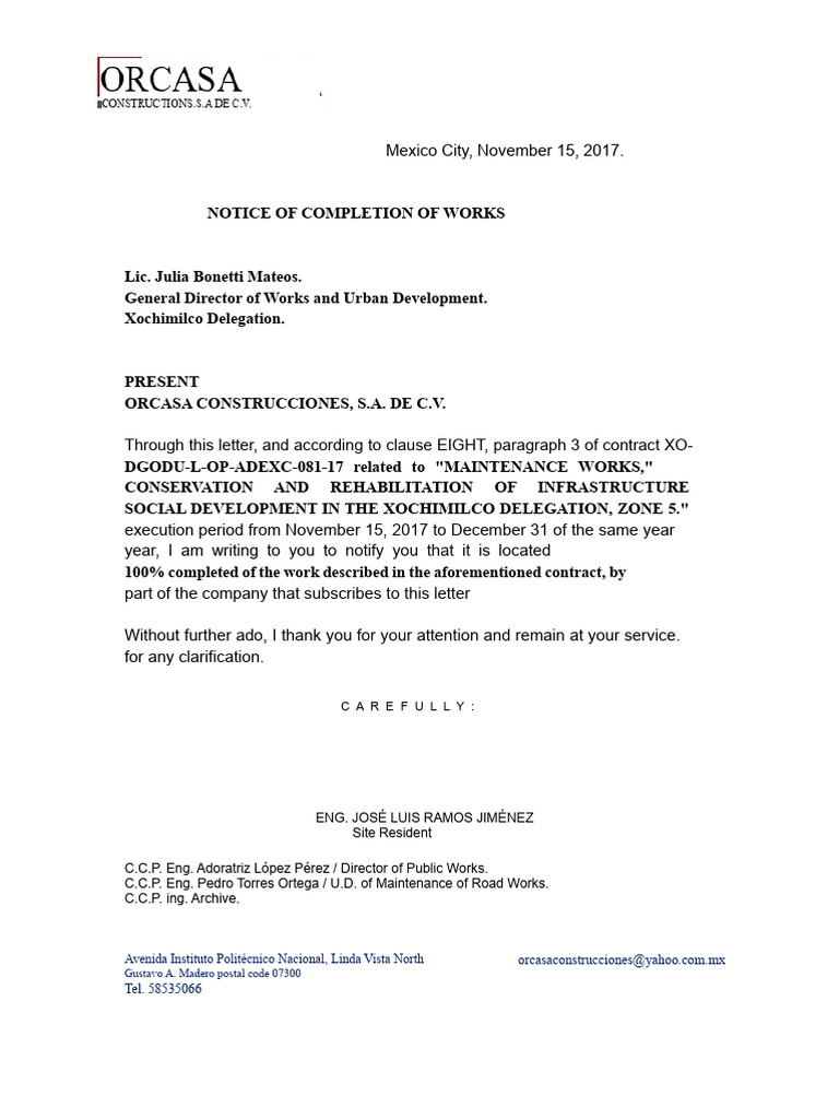 Completion Notice for Xochimilco Works | PDF