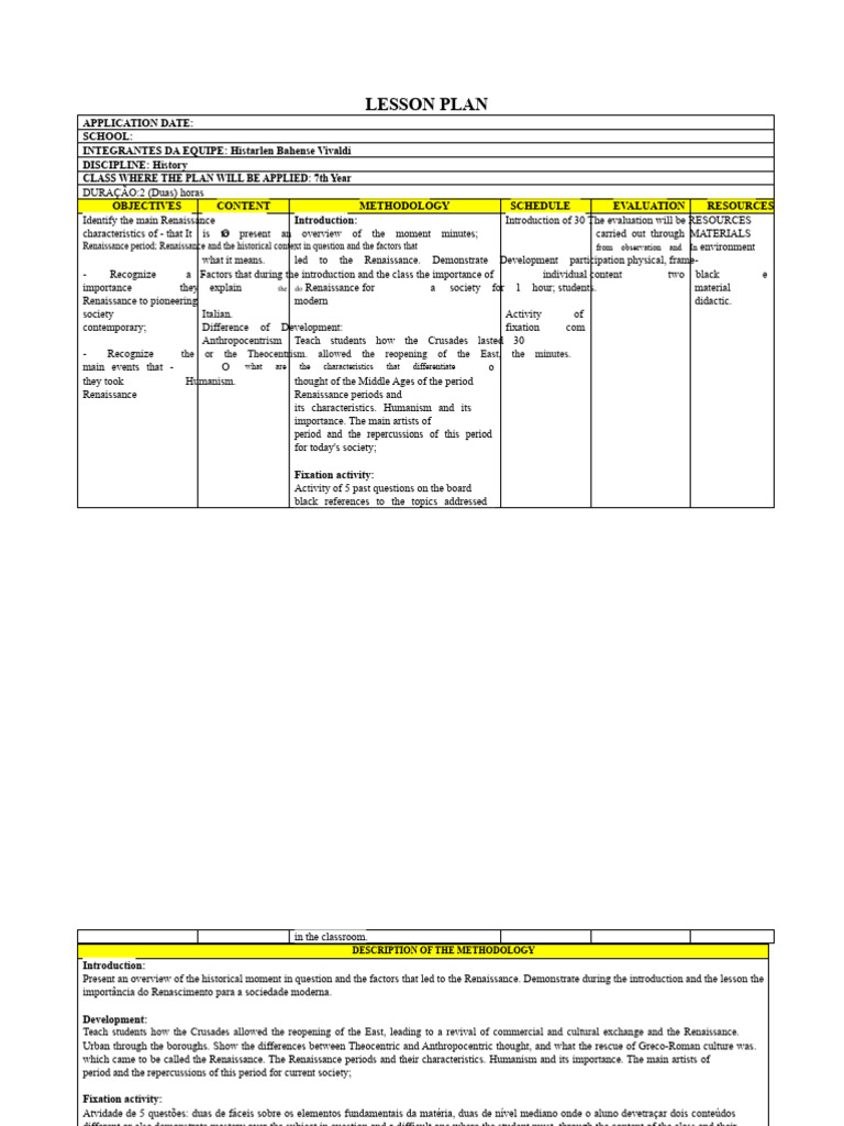 Renaissance History Lesson Plan | PDF | Renaissance | Lesson Plan