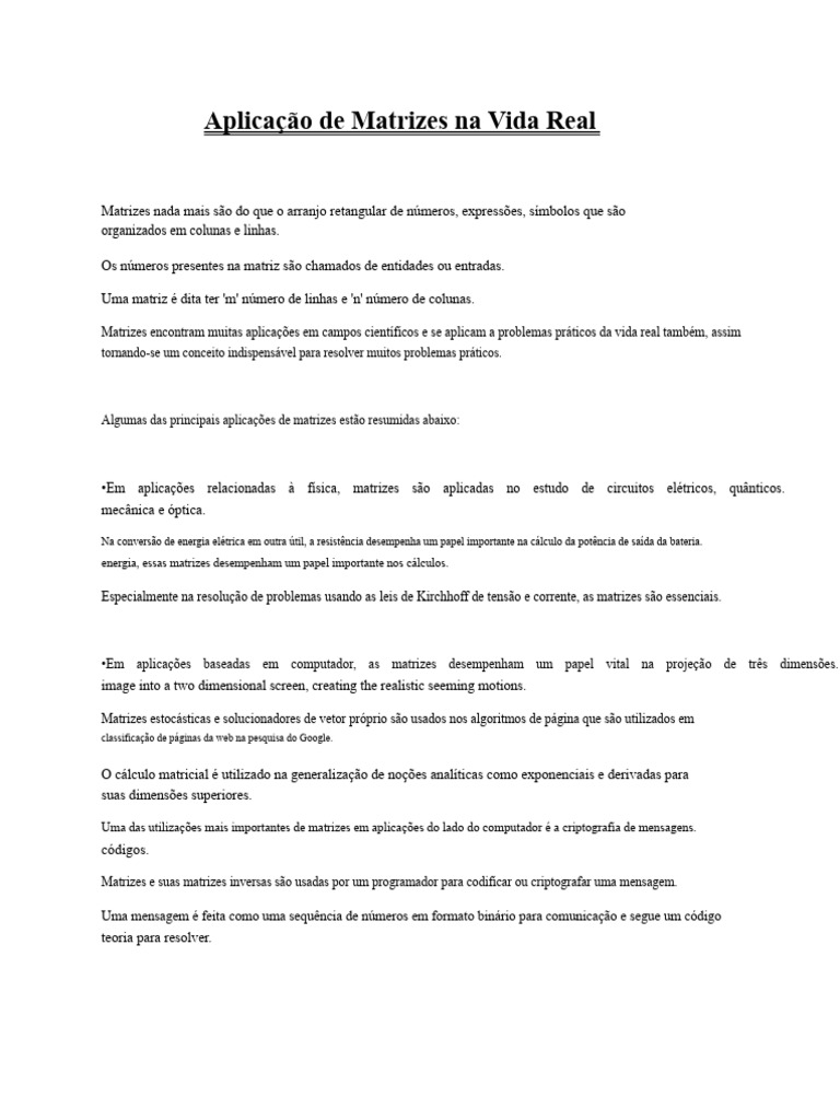 Aplicação de Matrizes na Vida Real | PDF | Matriz (Matemática) | Física