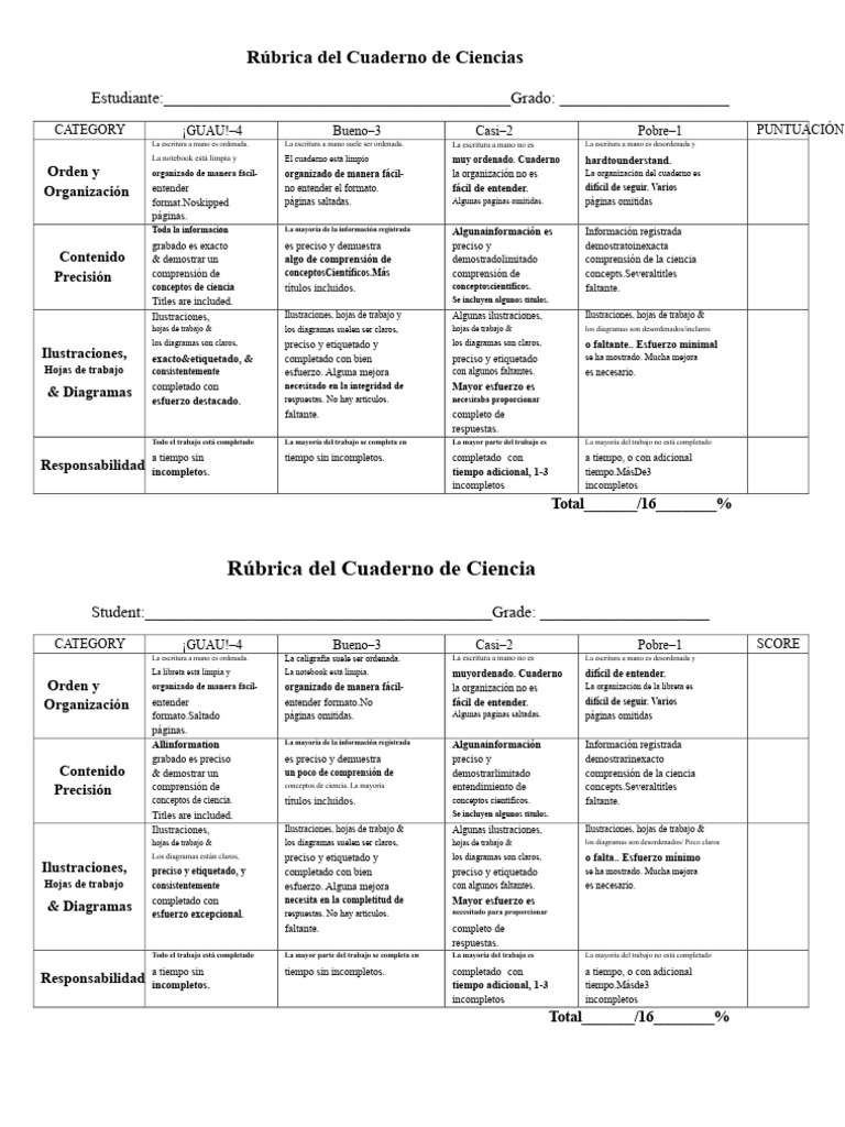 Rúbrica Del Cuaderno de Ciencias | PDF | Cuaderno