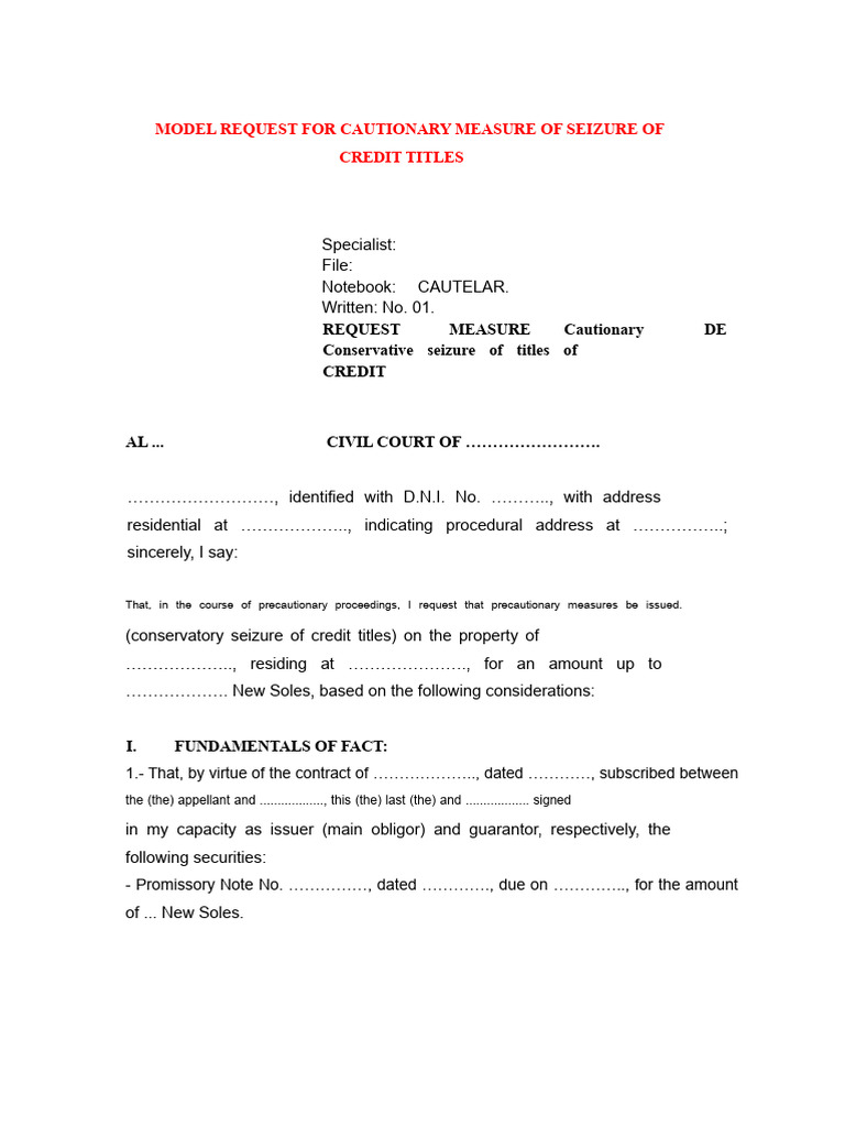 74. MODEL REQUEST FOR PRECAUTIONARY MEASURE OF SEIZURE OF CREDIT TITLES ...