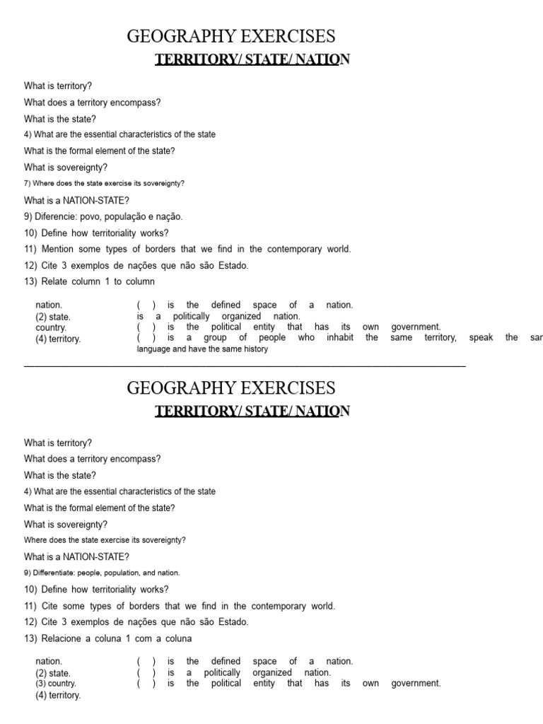 Geography Exercises: Territory & Nation | PDF | Nation | Ethnicity