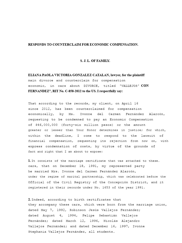 Answer To Counterclaim For Economic Compensation | PDF | Marriage | Justice