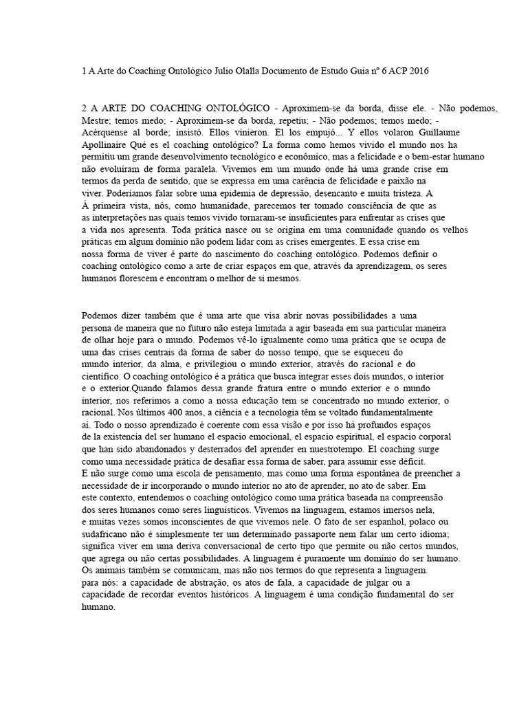 1 A Arte do Coaching Ontológico Julio Olalla Papel de Estudo Guia nº 6 ...