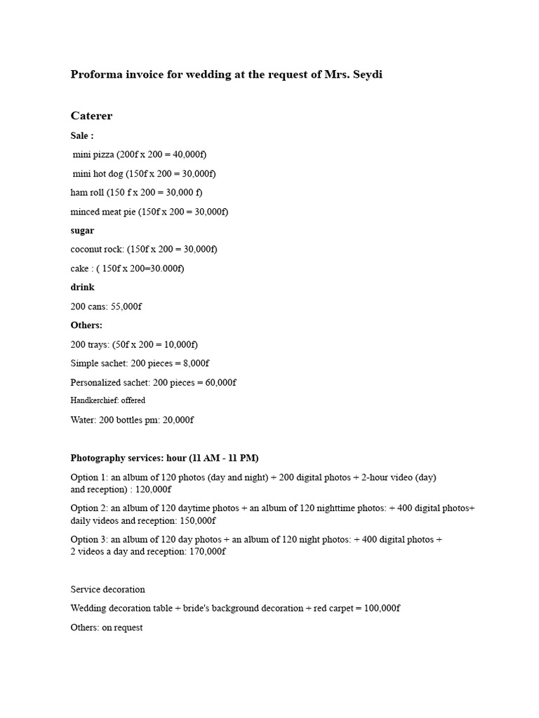 Wedding Proforma Invoice Breakdown | PDF