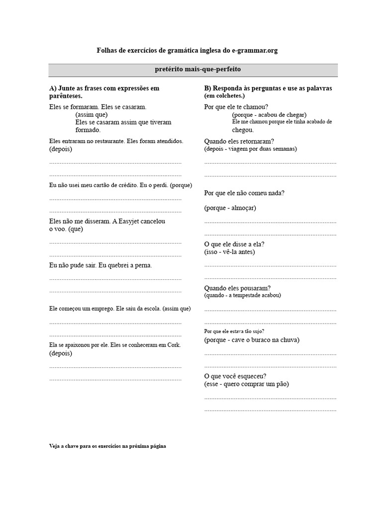 Folha de Exercícios sobre o Pretérito Mais-que-perfeito | PDF