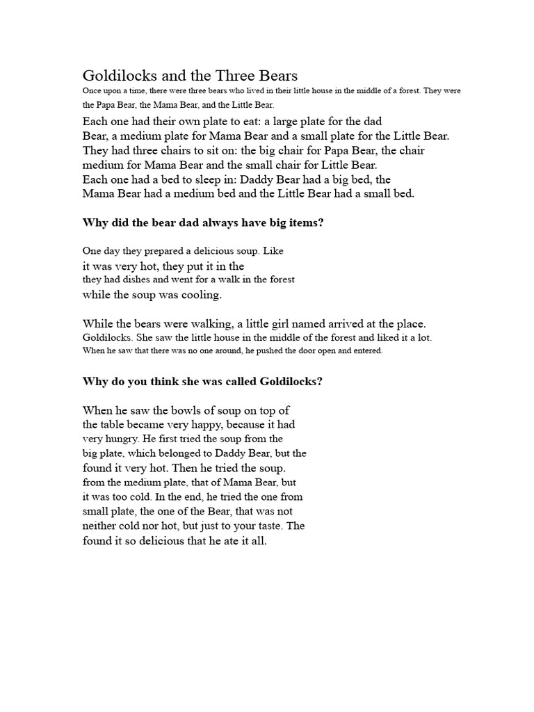 Goldilocks and the Three Bears Story | PDF | Goldilocks And The Three ...