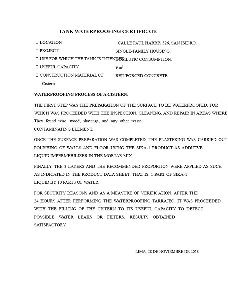 Certificate of Tank Waterproofing | PDF