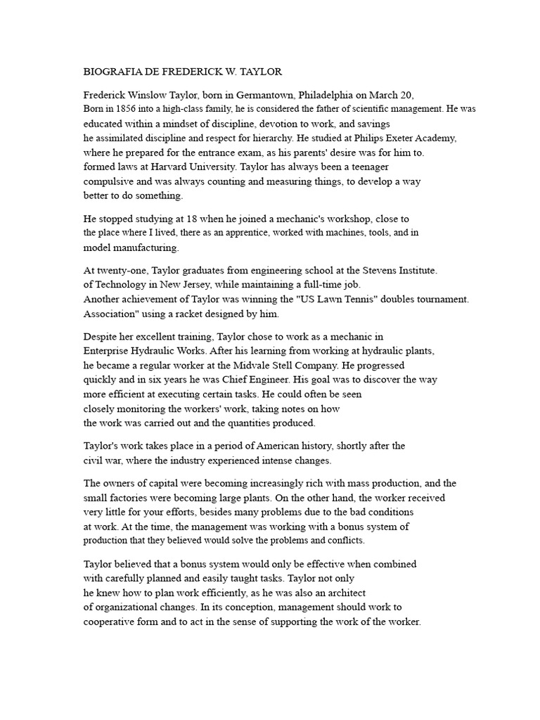 Biography of Frederick W | PDF | Business | Production And Manufacturing