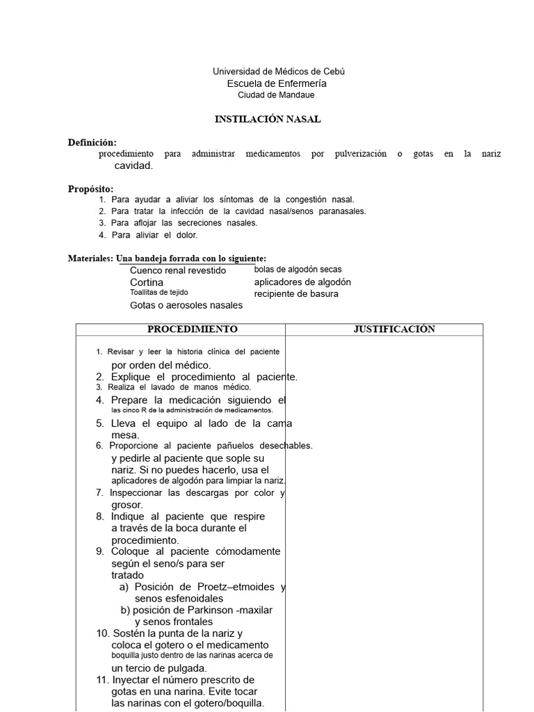 Procedimiento de Instilación Nasal | PDF | Medicina | Otorrinolaringología