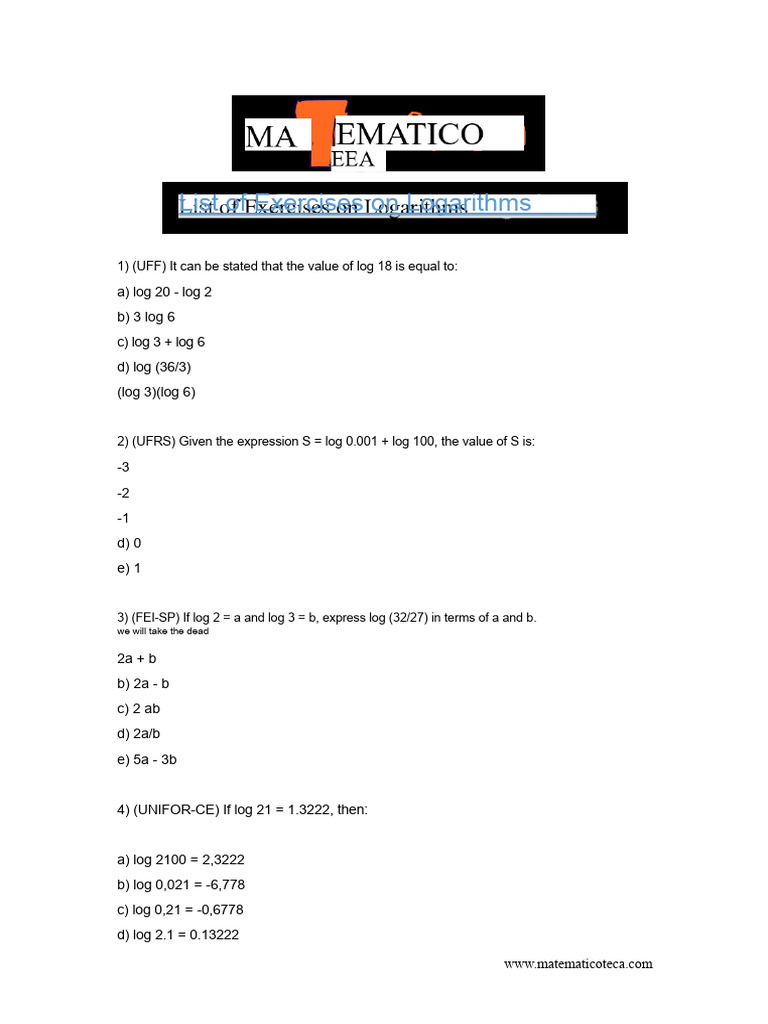 Logarithm Exercise Questions and Answers | PDF