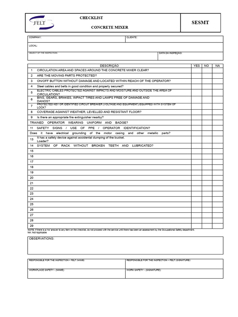 Concrete Mixer Inspection Checklist | PDF | Personal Protective ...
