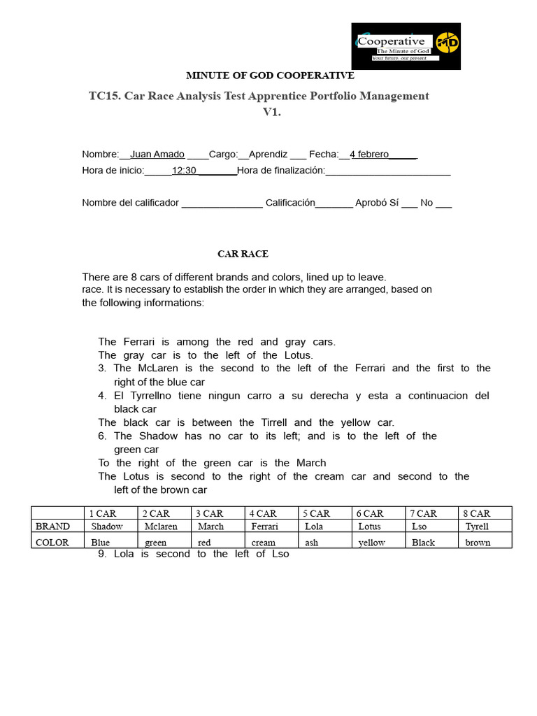 Car Race Order Analysis and Solution | PDF