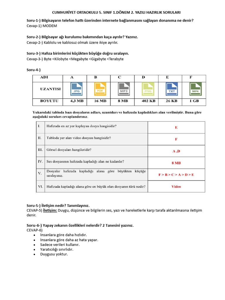 5. Sınıf 1. Dönem 2.Yazılı Çalışma Soruları | PDF