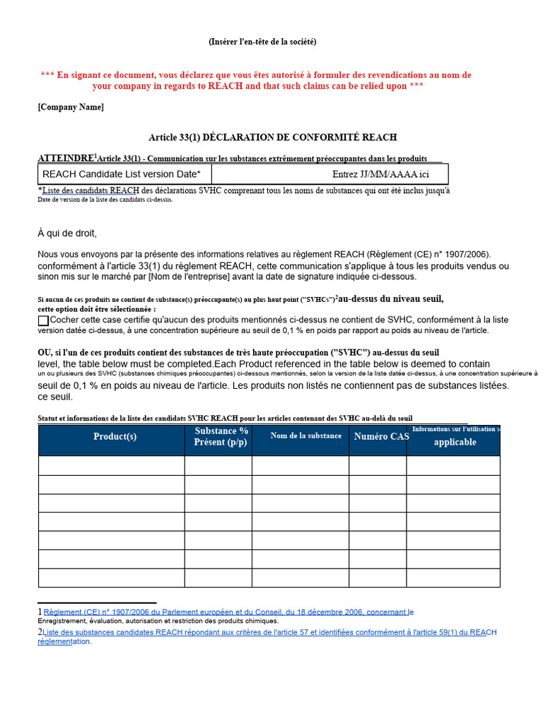 Déclaration de conformité REACH Article 33(1) | PDF