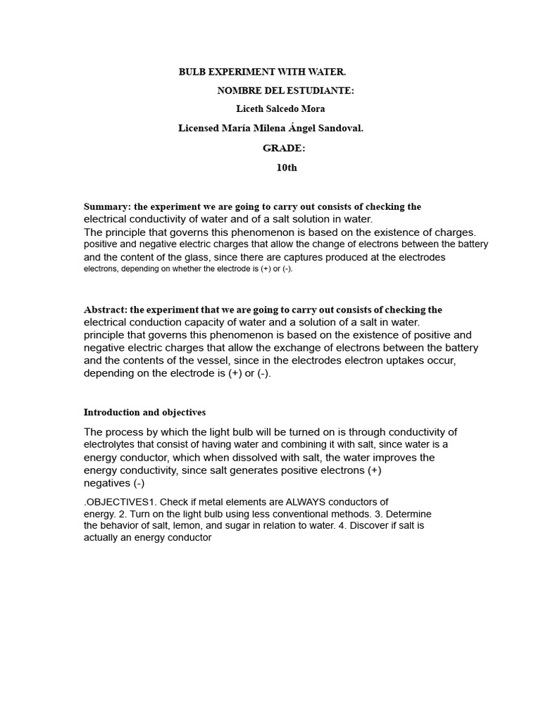 Water and Salt Conductivity Experiment | PDF | Electrolyte | Sodium ...