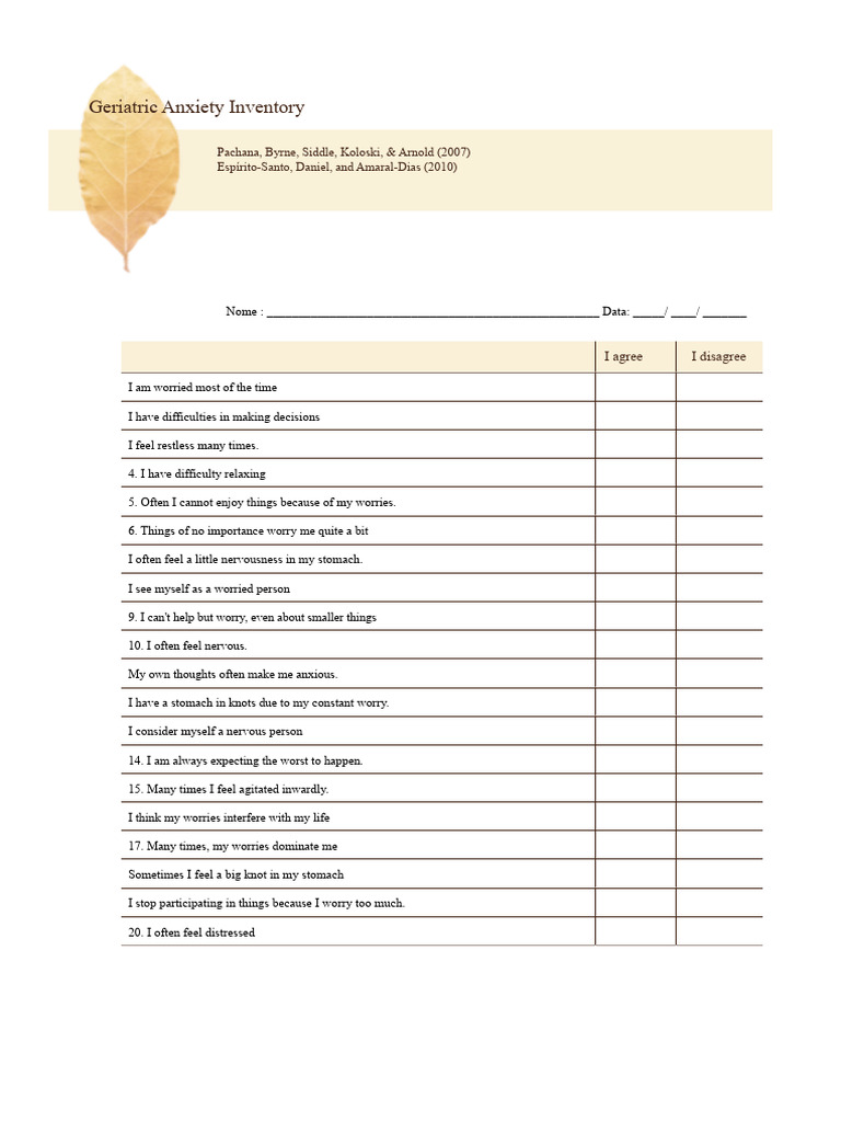 Geriatric Anxiety Inventory Assessment | PDF