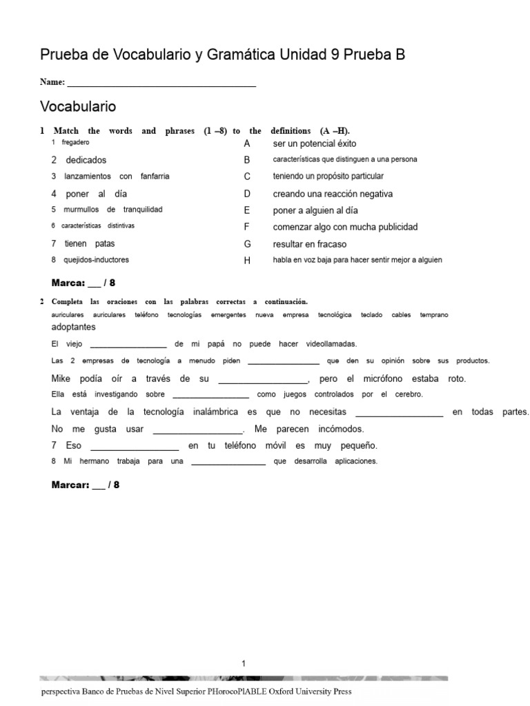 Prueba de Vocabulario y Gramática Unidad 9 Prueba B | PDF | Gramática ...