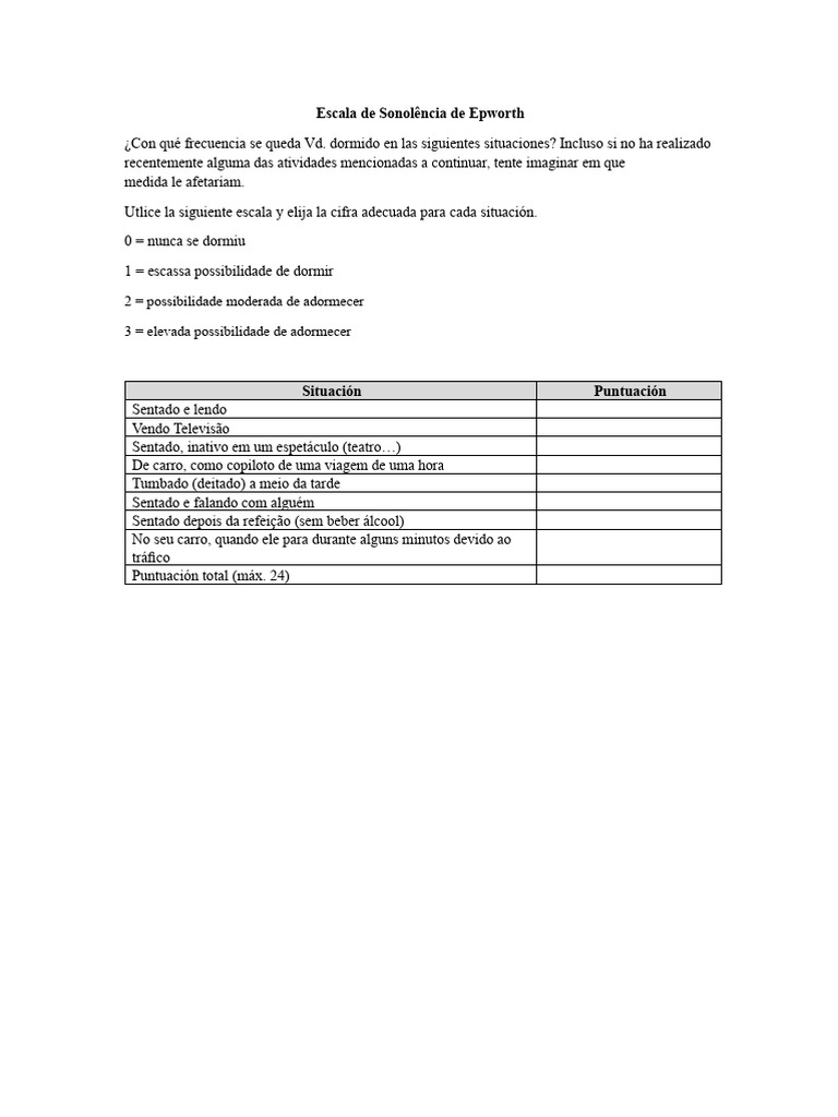 Escala de Sonolência de Epworth: Avaliação | PDF