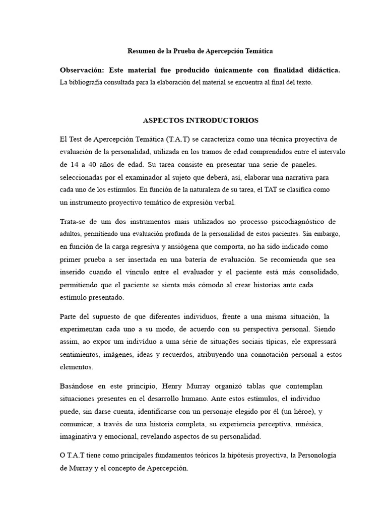 Resumen de La Prueba de Apercepción Temática - TAT | PDF | Experiencia ...