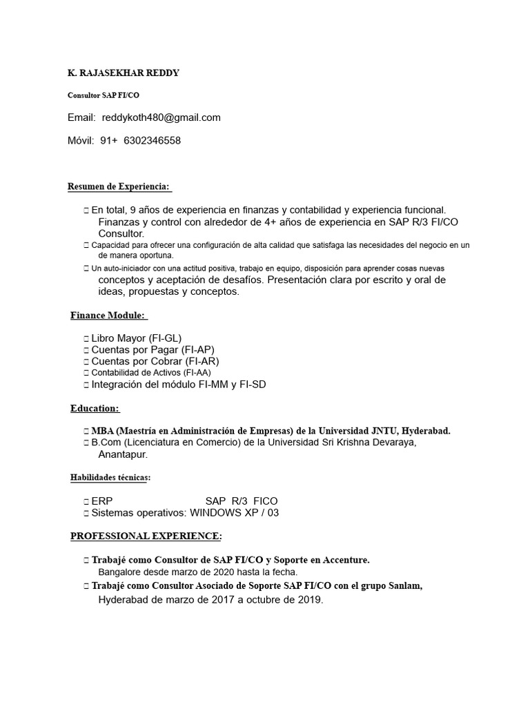 SAP-FICO-Muestra-Currículum (1) | PDF | Business