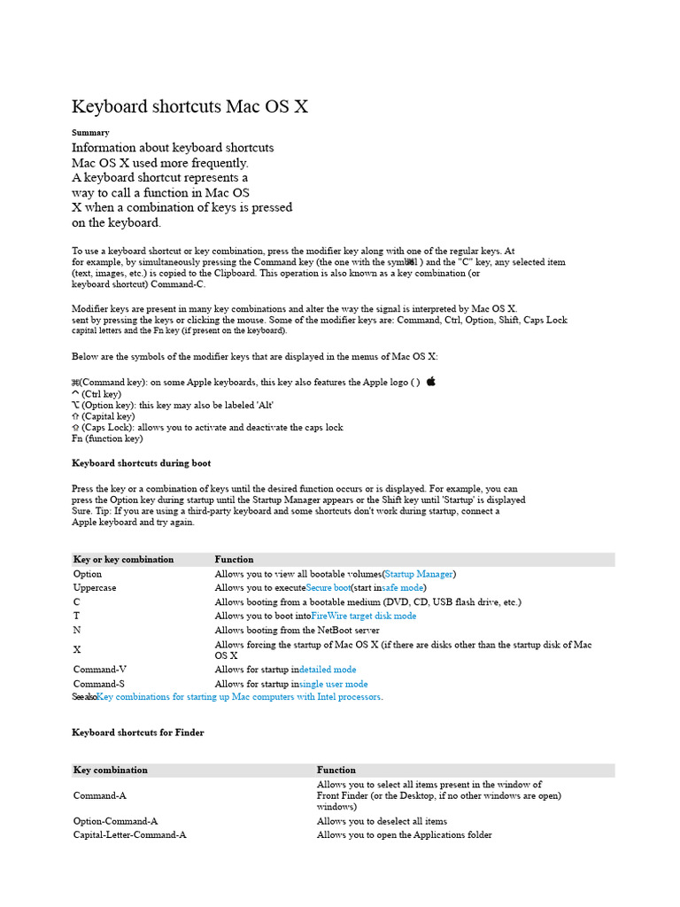 Keyboard Shortcuts Mac OS X | PDF | Finder (Software) | Keyboard Shortcut