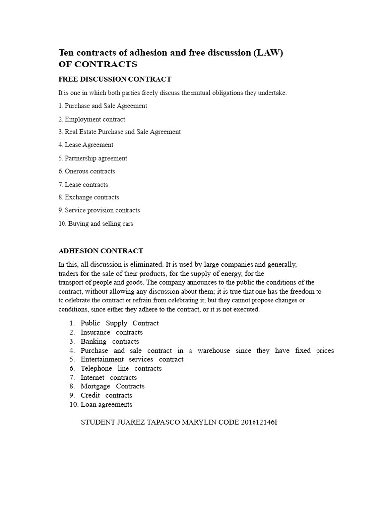 Ten Adhesion Contracts and Free Discussion | PDF