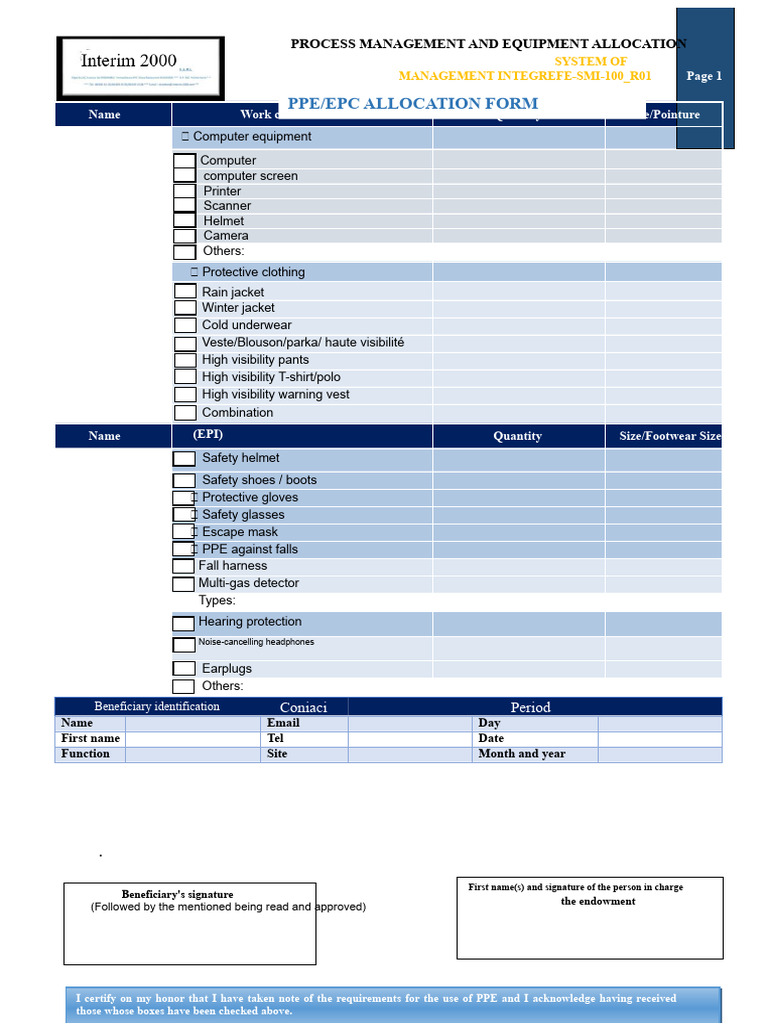 PPE and Equipment Allocation Form | PDF | Personal Protective Equipment ...