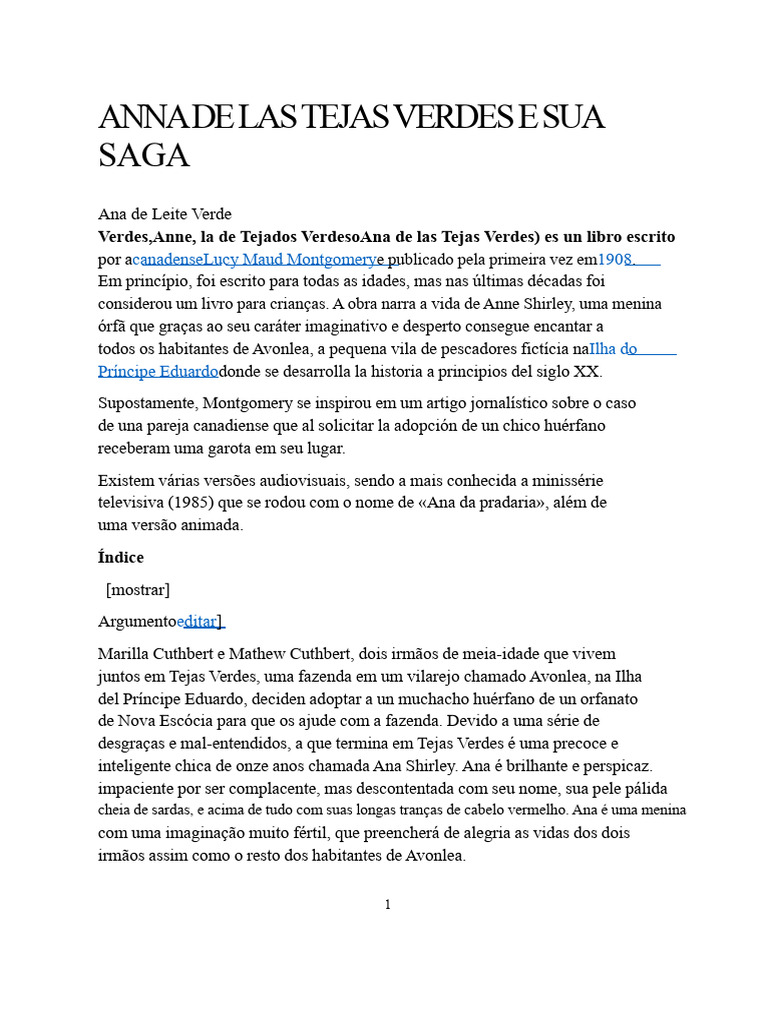 ANNA DAS TEJAS VERDES E SUA SAGA | PDF
