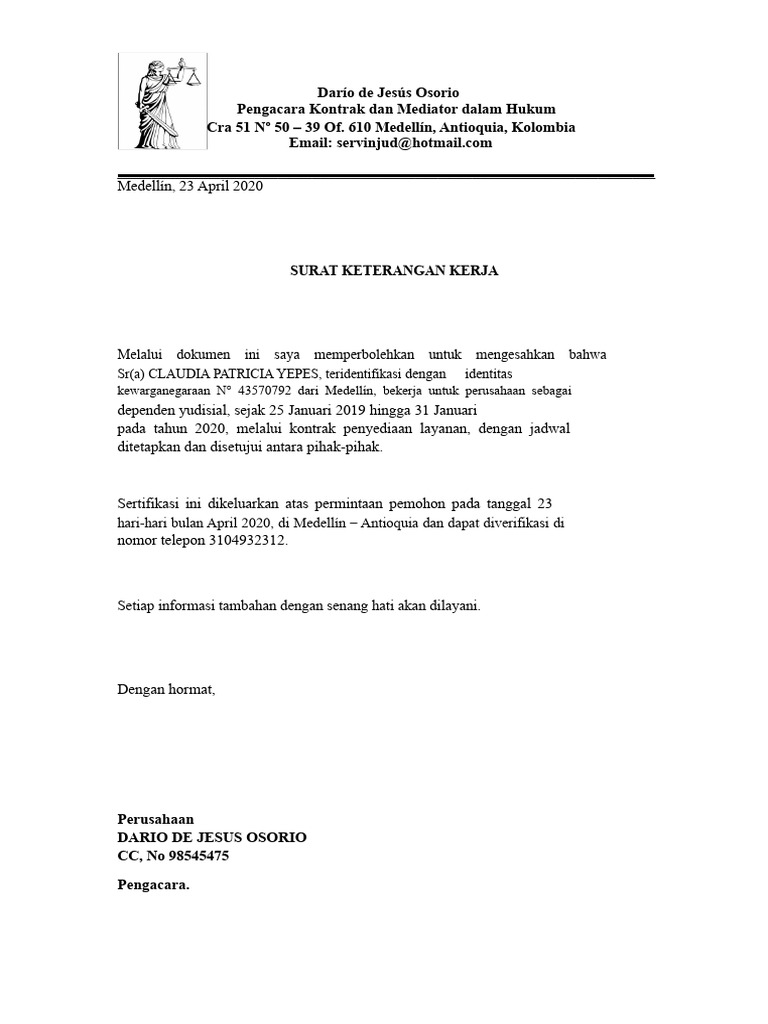 Surat Keterangan Kerja Claudia Yepes | PDF