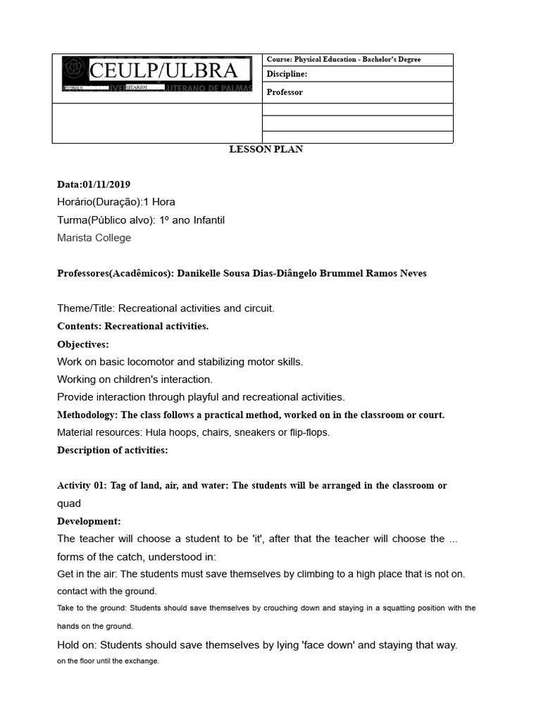 Lesson Plan Recreational Activities | PDF | Procedural Knowledge | Learning
