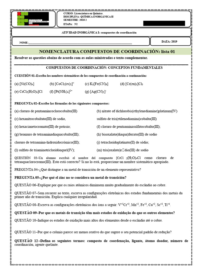 1 Lista Ejercicios Compuestos de Coordinación | PDF | Química Inorgánica | Química