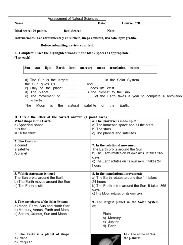 Solar System Test 3B | PDF | Planets | Solar System