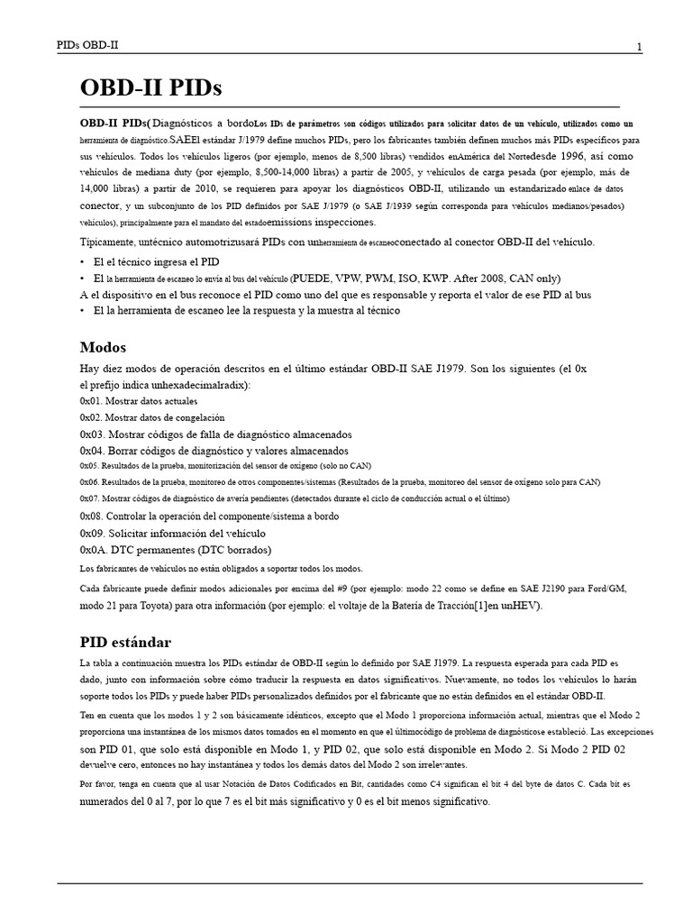 PIDs OBD-II: Diagnósticos y Modos | PDF | Turbocompresor | Poco