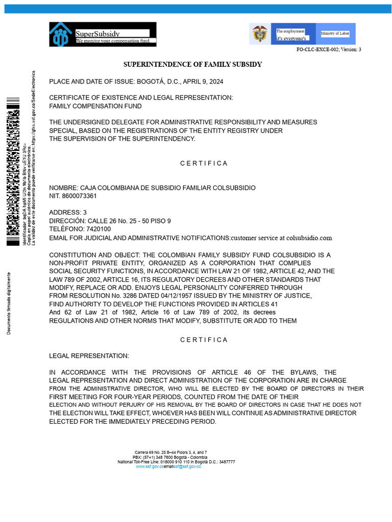 Certificate of Existence and Representation Family Compensation Fund ...