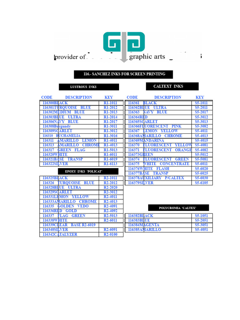 116 Screen Printing Inks Sanchez.xls | PDF | Green | Red