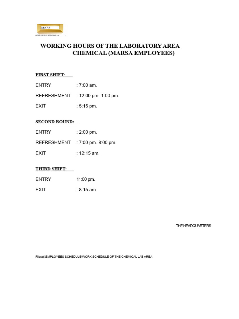 Working Hours of The Chemical Laboratory Area | PDF