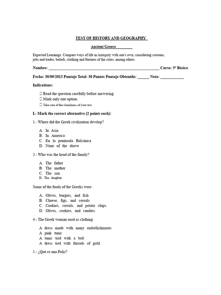 History Test Ancient Greece 3rd Grade | PDF | Ancient Greece