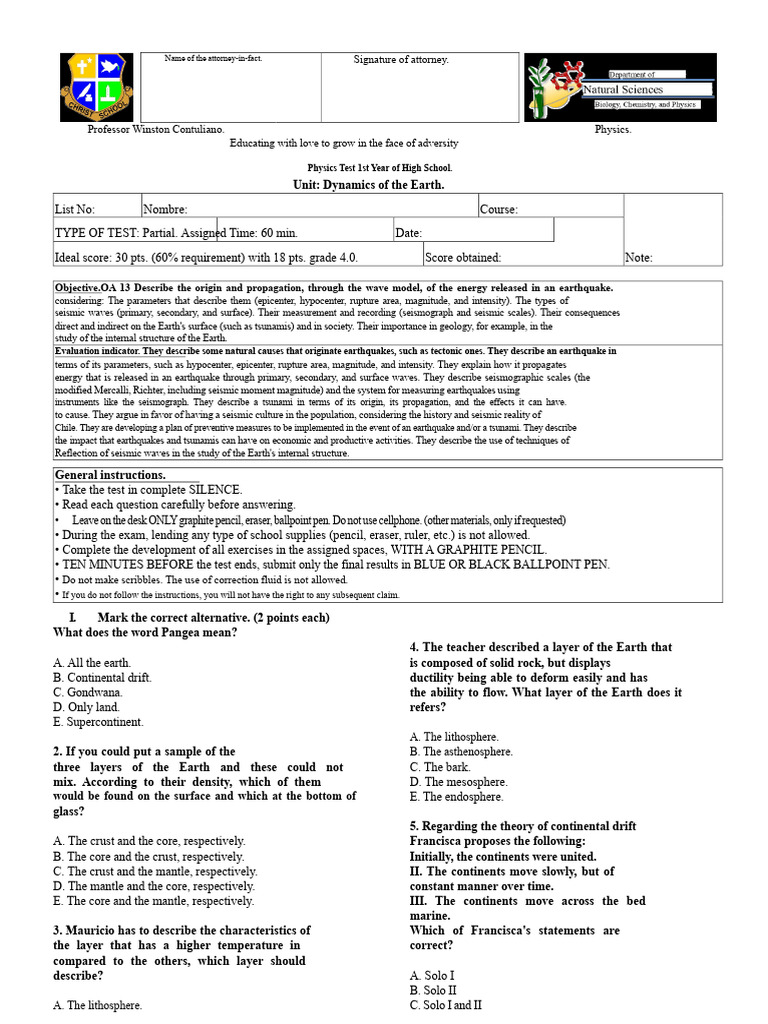High School Physics Test on Earth Dynamics | PDF | Earthquakes | Earth ...