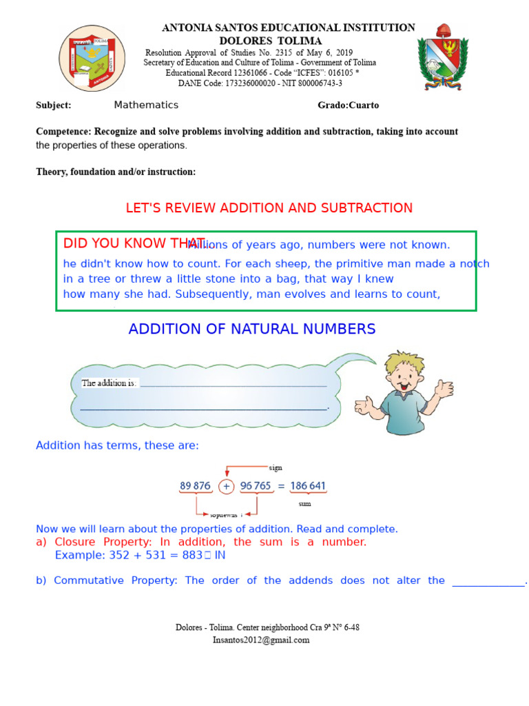 Mathematics Workshop (Addition and Subtraction of Natural Numbers ...