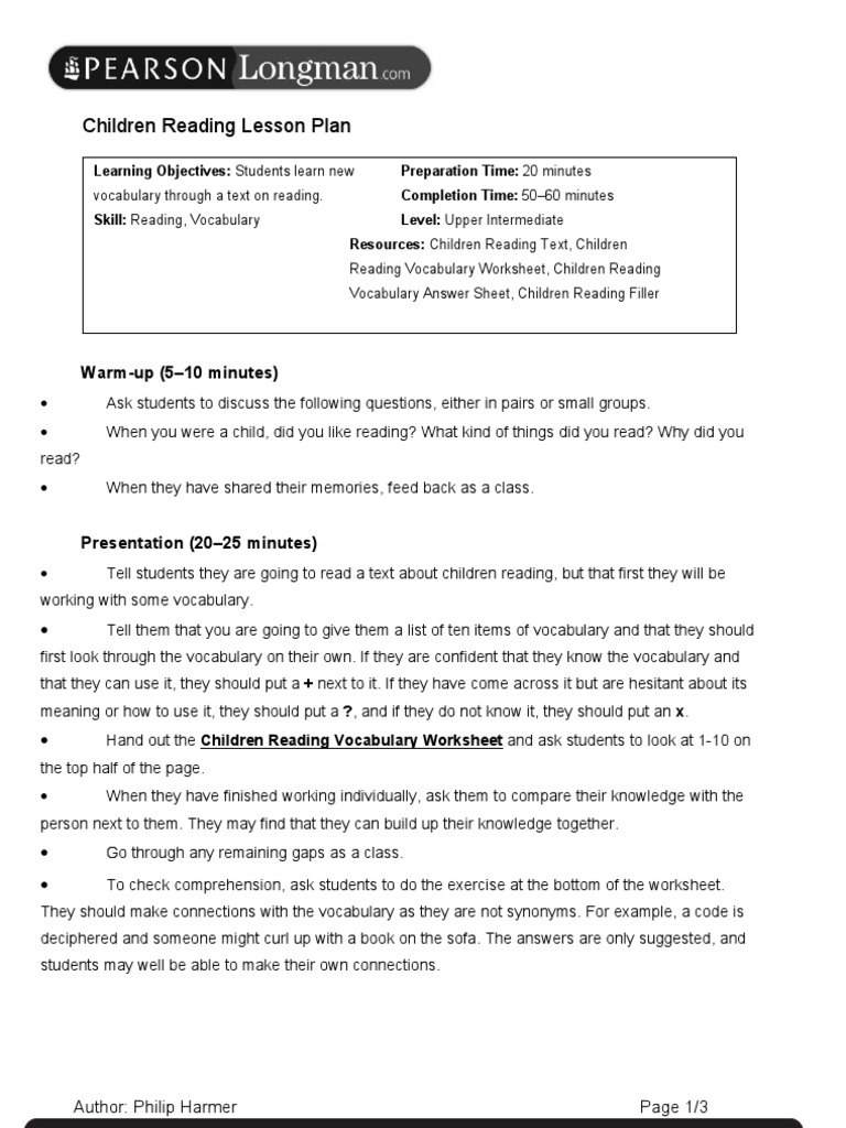Children Reading Lesson Plan | PDF | Vocabulary | Reading Comprehension