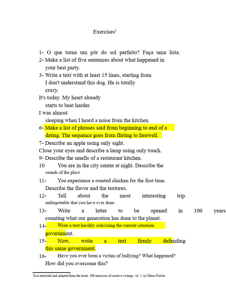 Creative Writing Exercises List | PDF