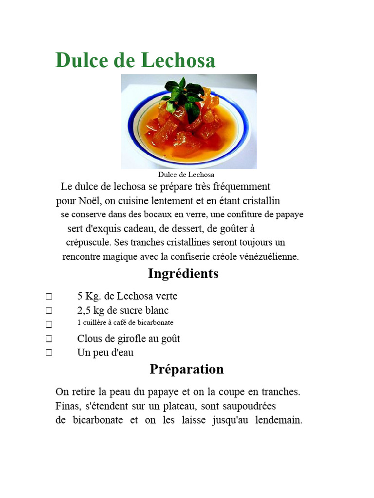 Recette de Dulce de Lechosa Vénézuélien | PDF