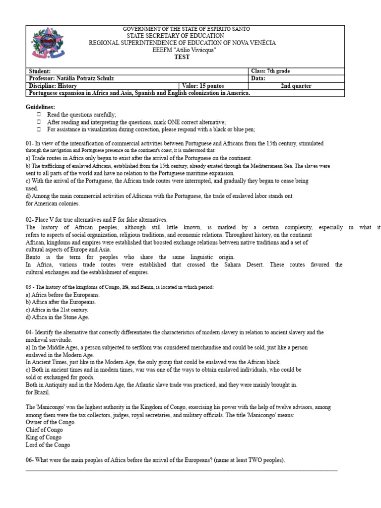 history test 7th grade 2nd trimester | PDF | Slavery | Spanish ...