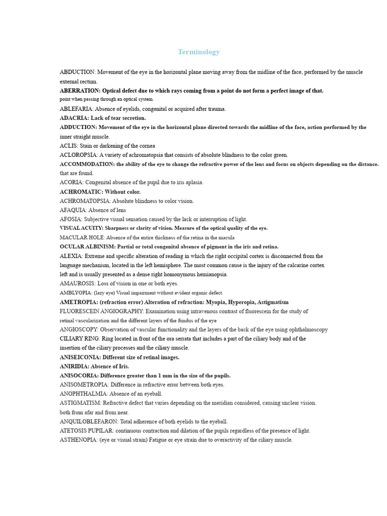 Ophthalmological Terminology | PDF | Human Eye | Cornea