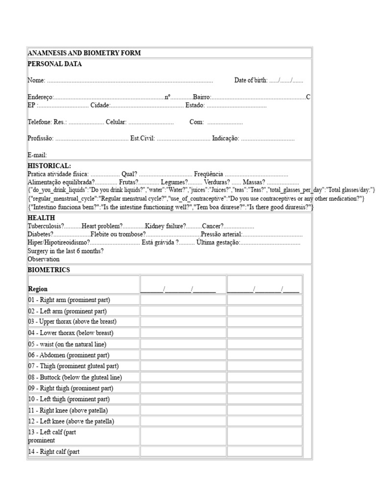 Anamnesis and Biometry Form | PDF | Medical Specialties