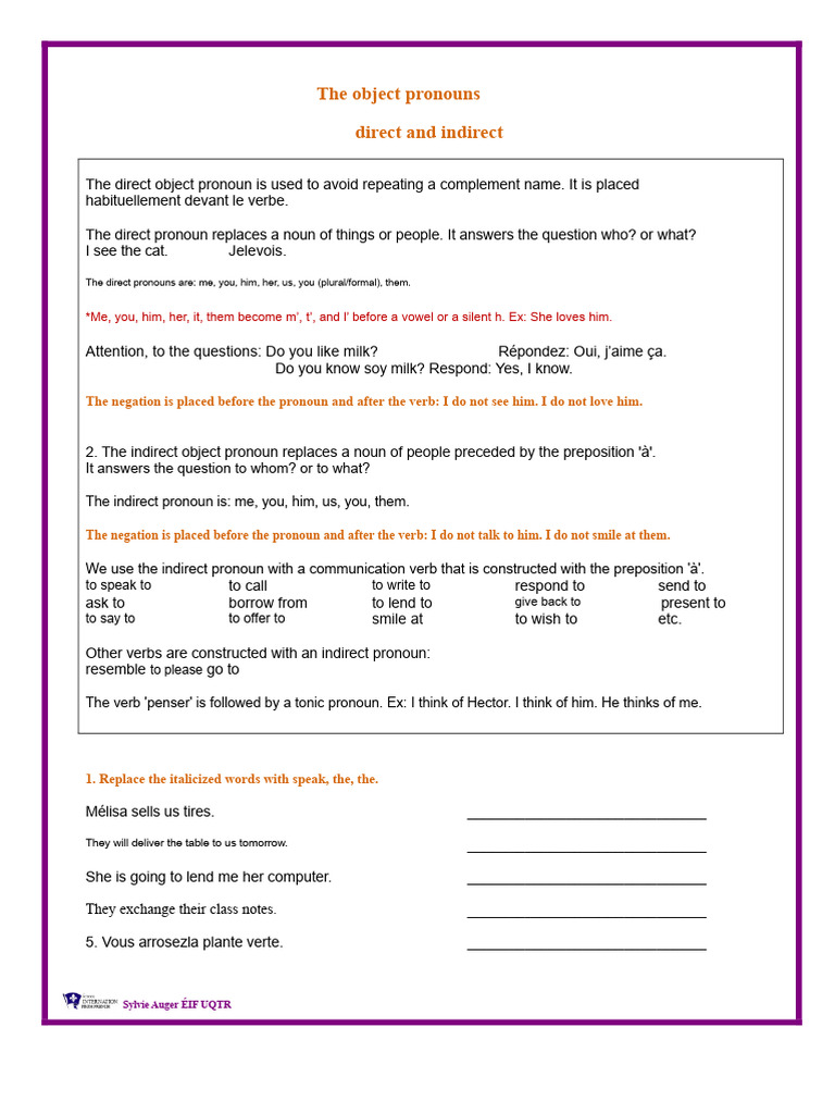 Direct and indirect object pronouns Exercises and corrections | PDF ...