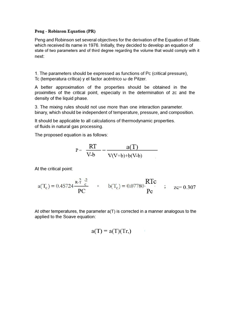 Peng Robinson equation | PDF | Continuum Mechanics | Mechanical Engineering