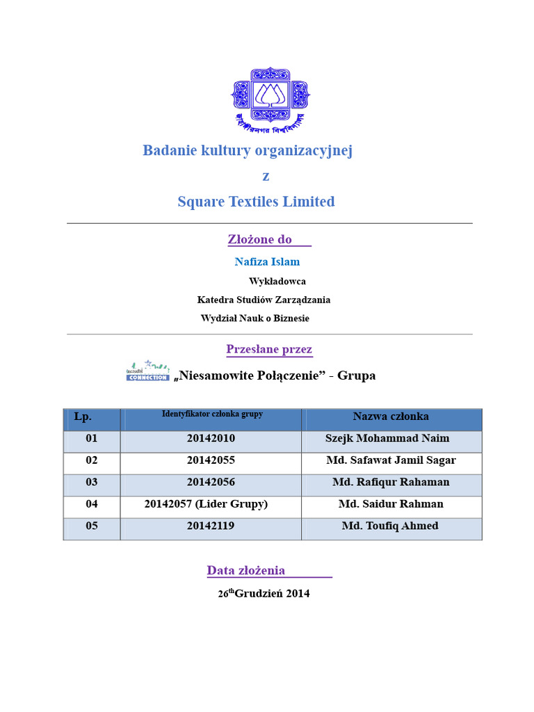 Kultura organizacyjna Square Textiles Ltd. | PDF